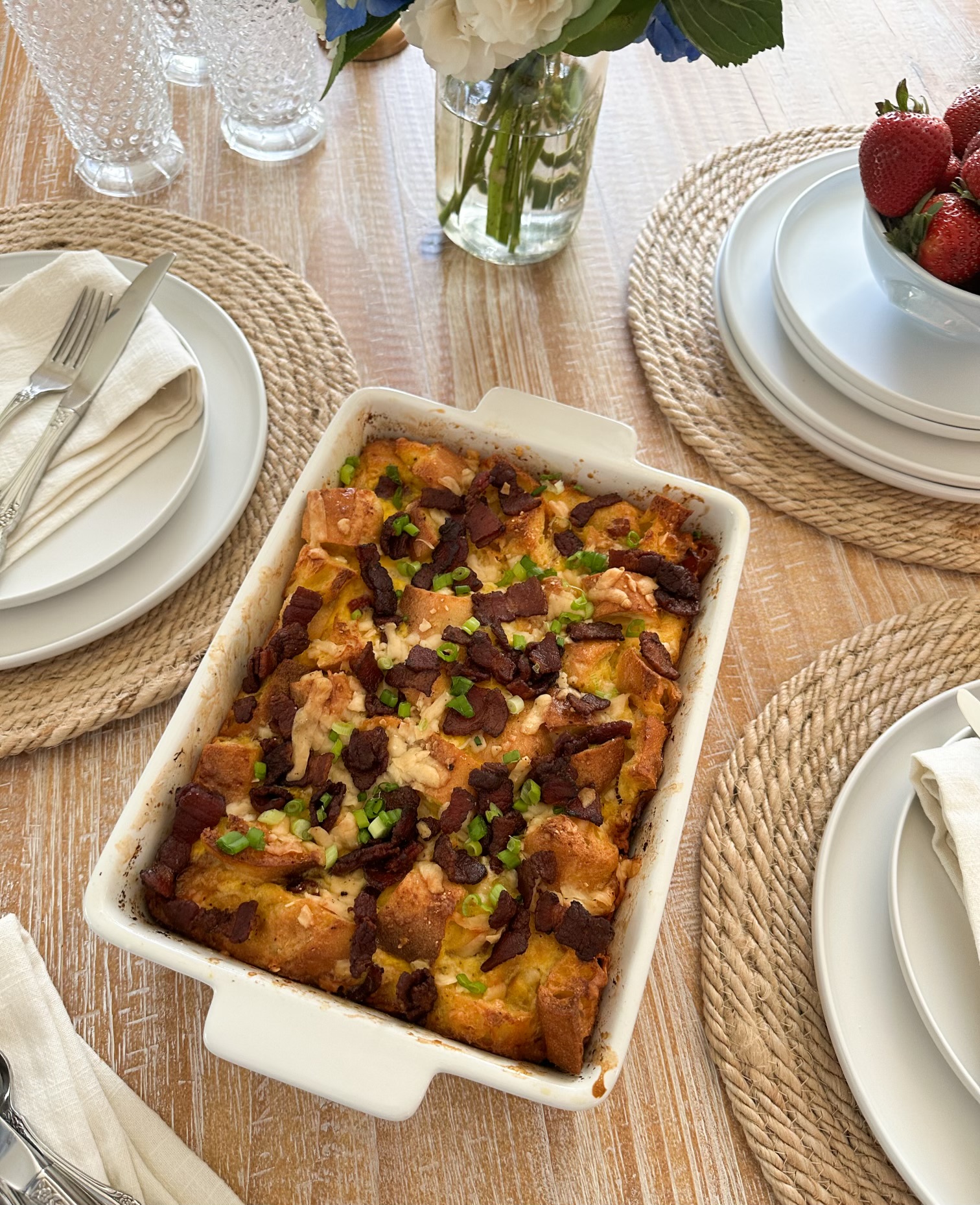 Super Easy Bacon & Cheddar Breakfast Strata - Rachel Dodge